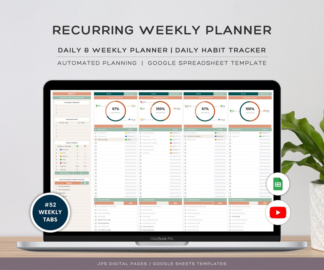 Weekly Recurrent Planner, Digital Planner Spreadsheet, Google Sheets ...