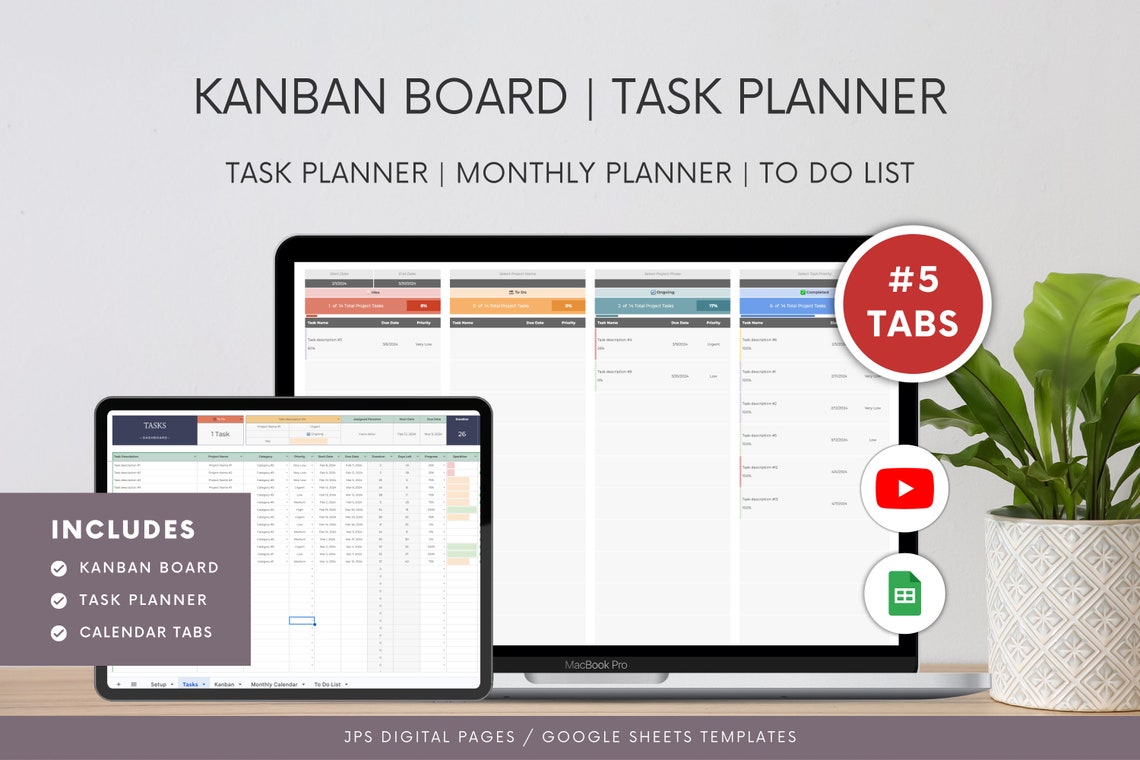 Kanban Board Google Sheets Template: Project Task Planner (digital ...