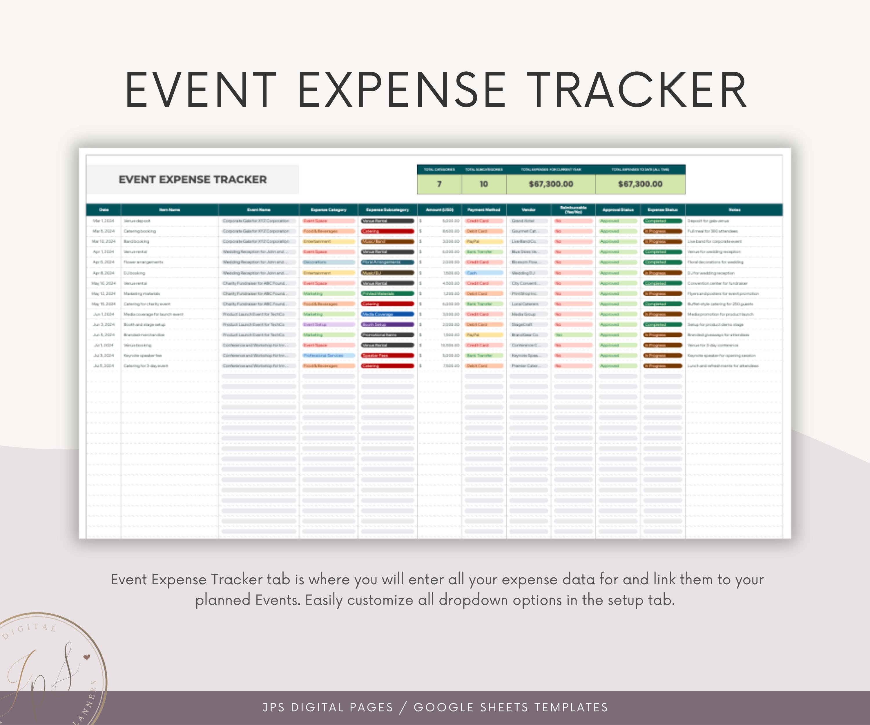 Event Planner Expense Tracker: Google Sheets Template, Business Expense ...