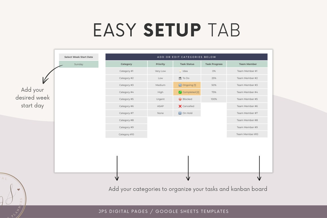 Kanban Board Google Sheets Template: Project Task Planner (digital ...