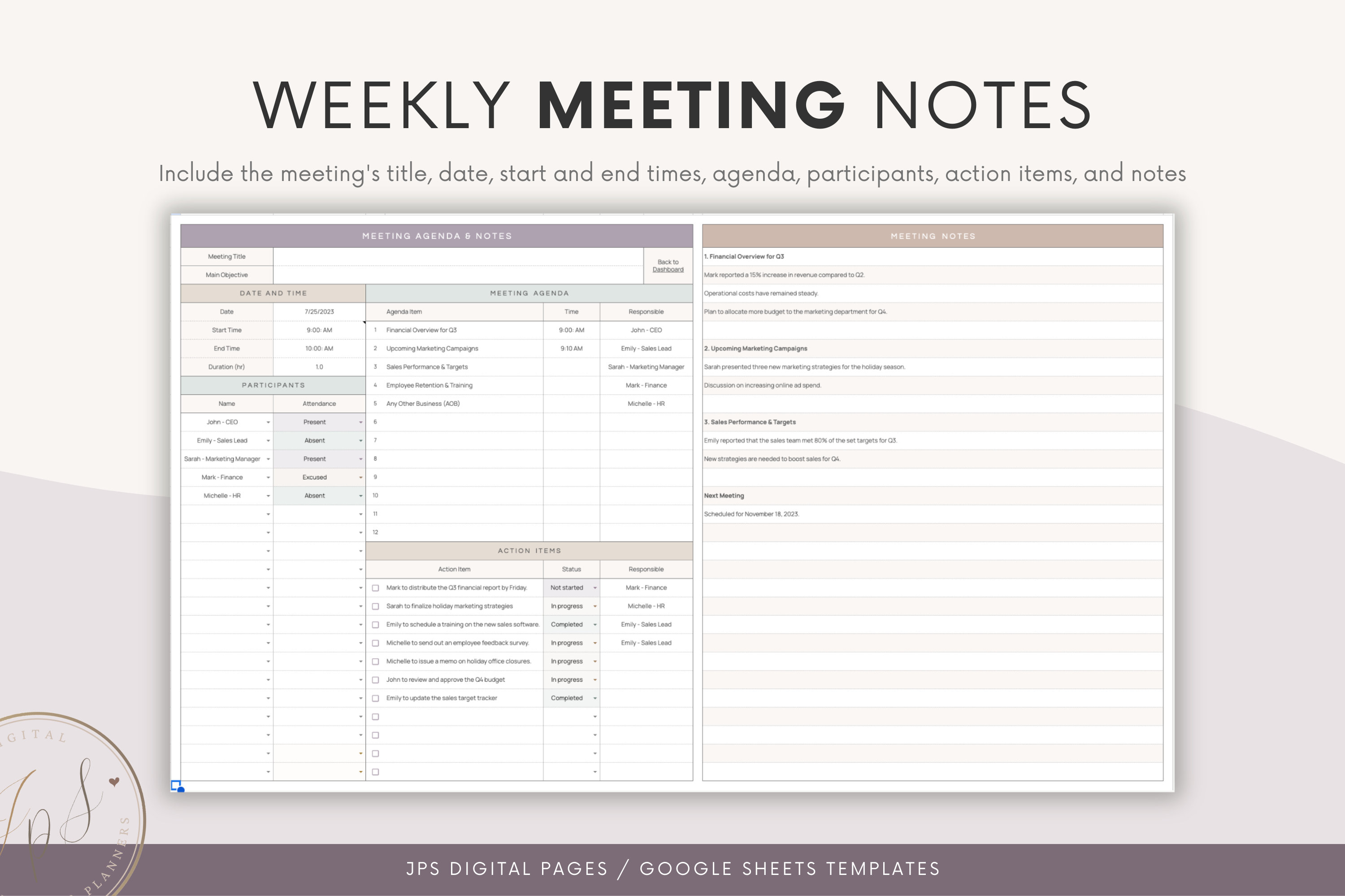 Twelve 12 Weekly Meeting Notes Google Sheets Template Meeting Agenda ...