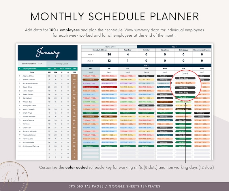 Employee Schedule Template: Monthly Work Shift Planner, Google Sheets ...