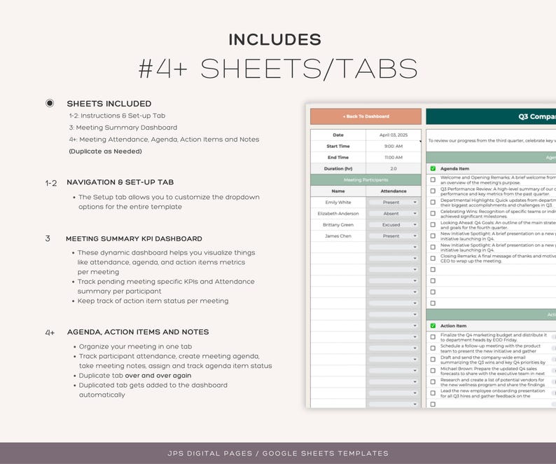 Team Meeting KPI Dashboard: Google Sheets Template for Teams (digital ...