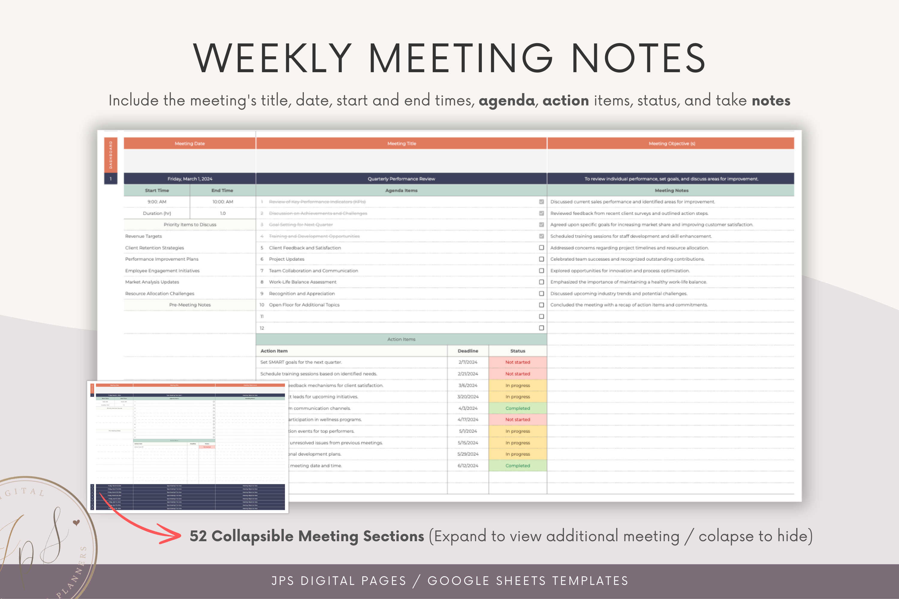 One-on-one Meeting Agenda & Notes Template Google Sheets Template 52 ...