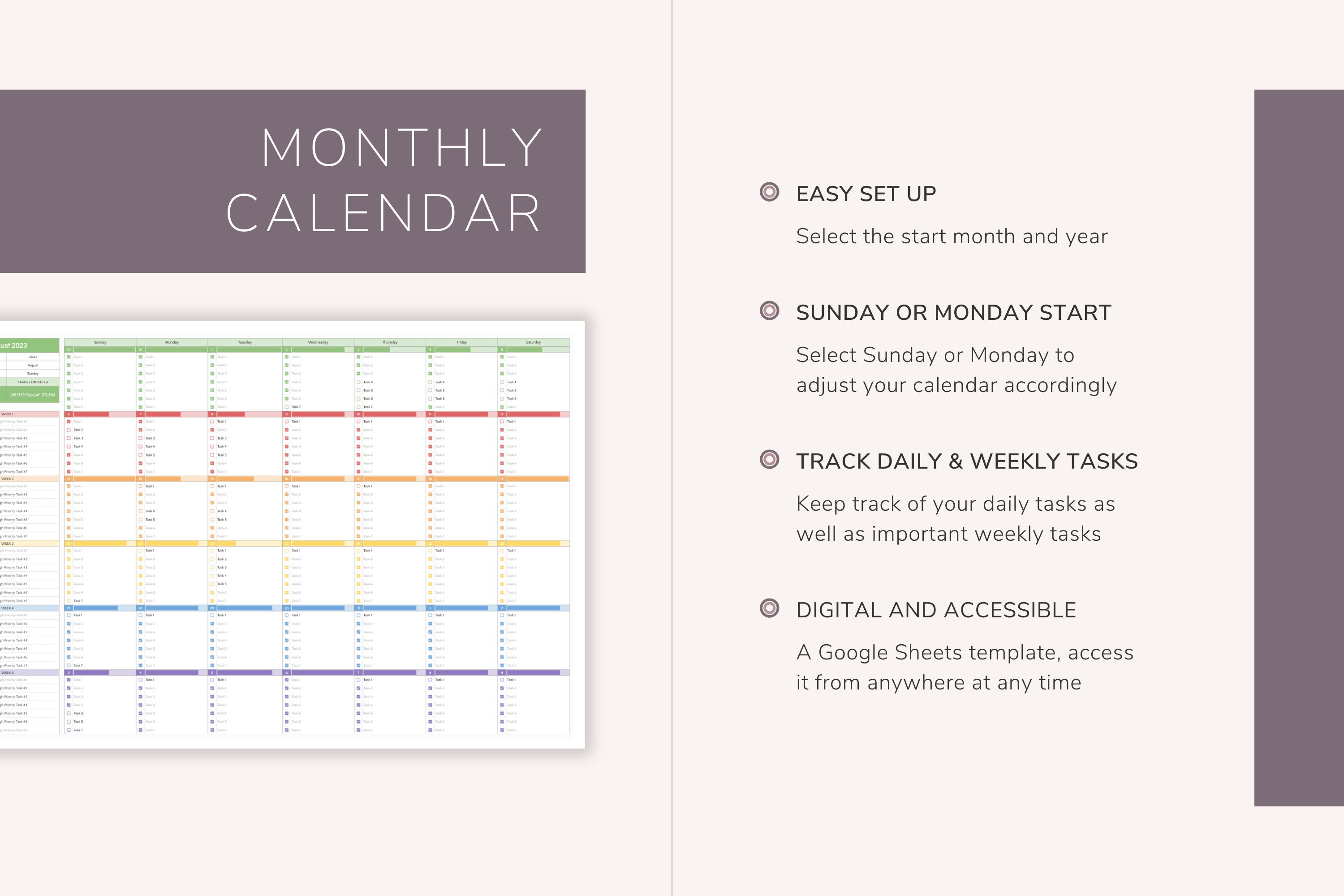 Monthly Calendar Spreadsheet Template Google Sheets Template - Etsy
