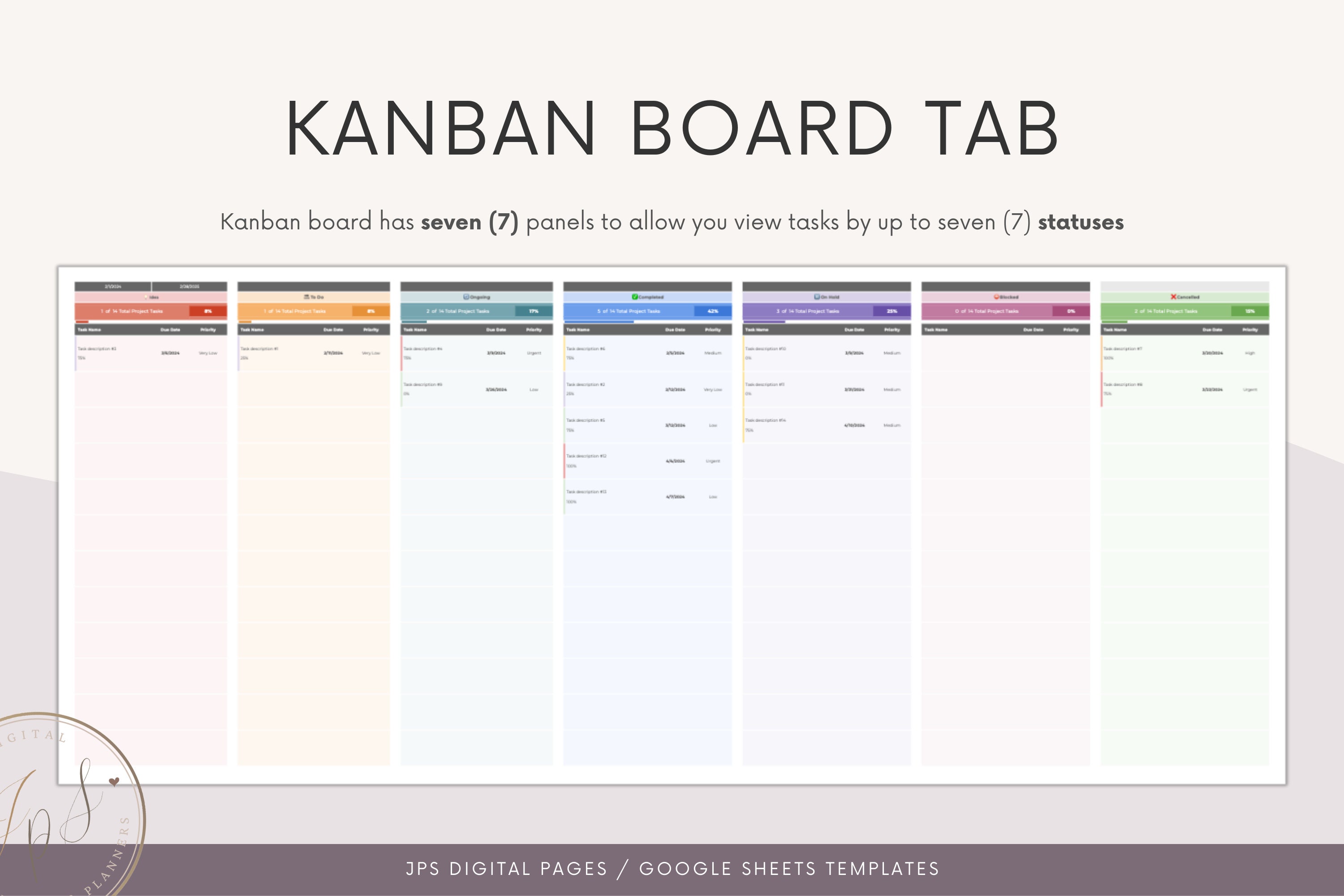 Kanban Board Google Sheets Template: Project Task Planner (digital ...