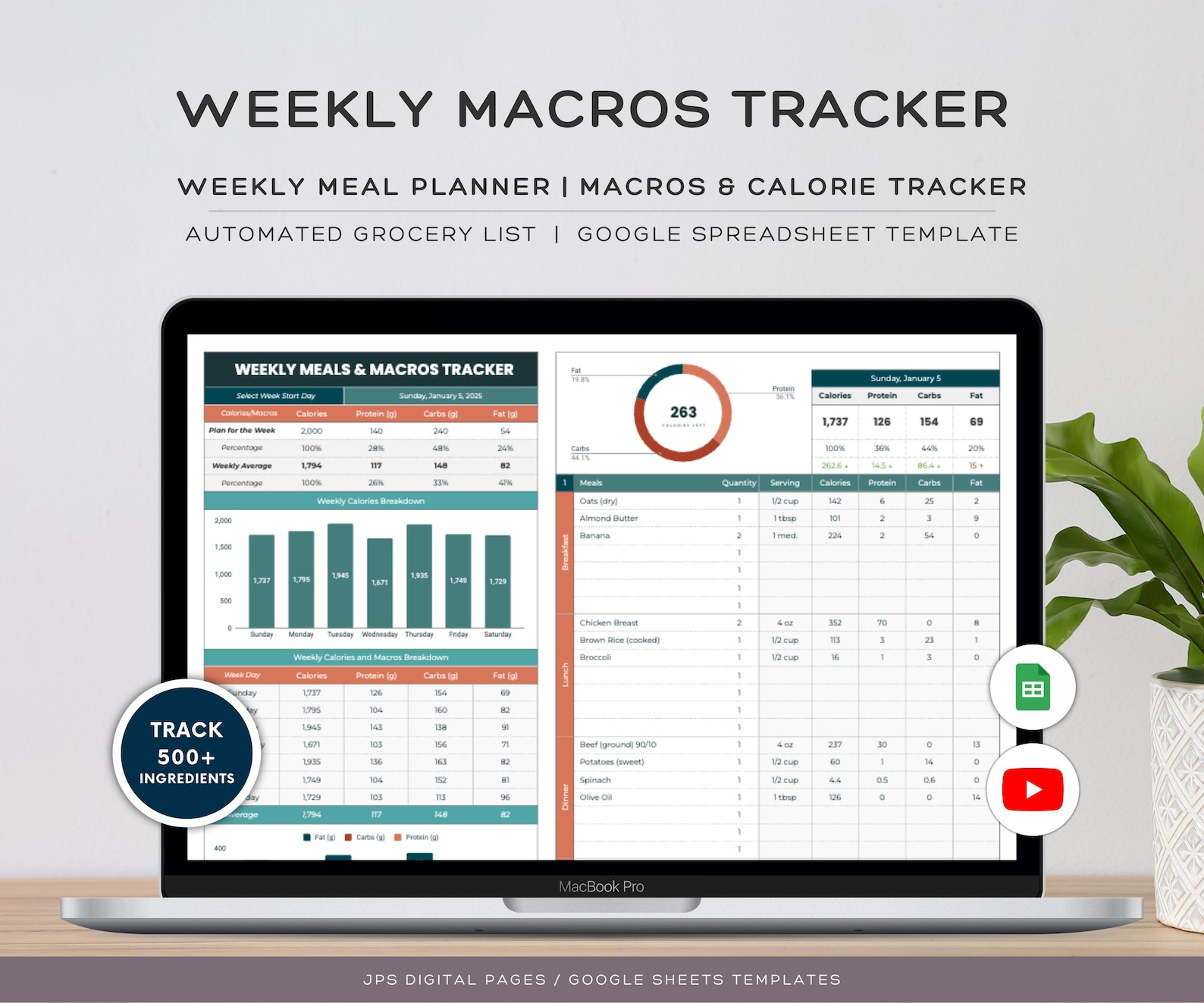 Weekly Macros & Calorie Tracker: Google Sheets Meal Planner (digital ...