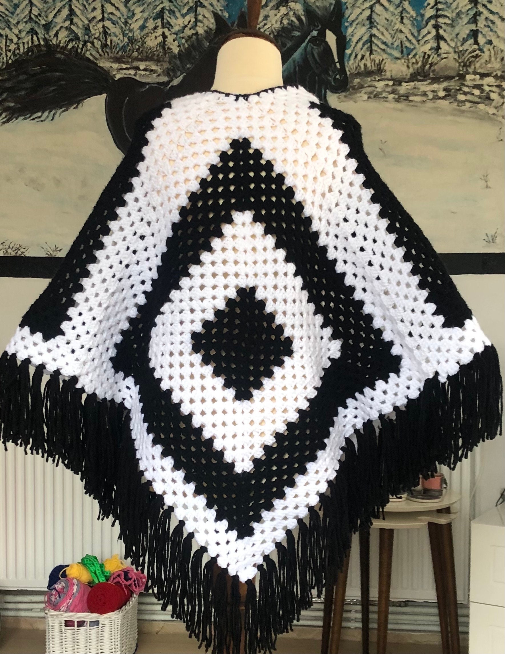 Crochet Cloak Ruana, Granny Square Triangle Shawl, Blanket Cape, Black ...