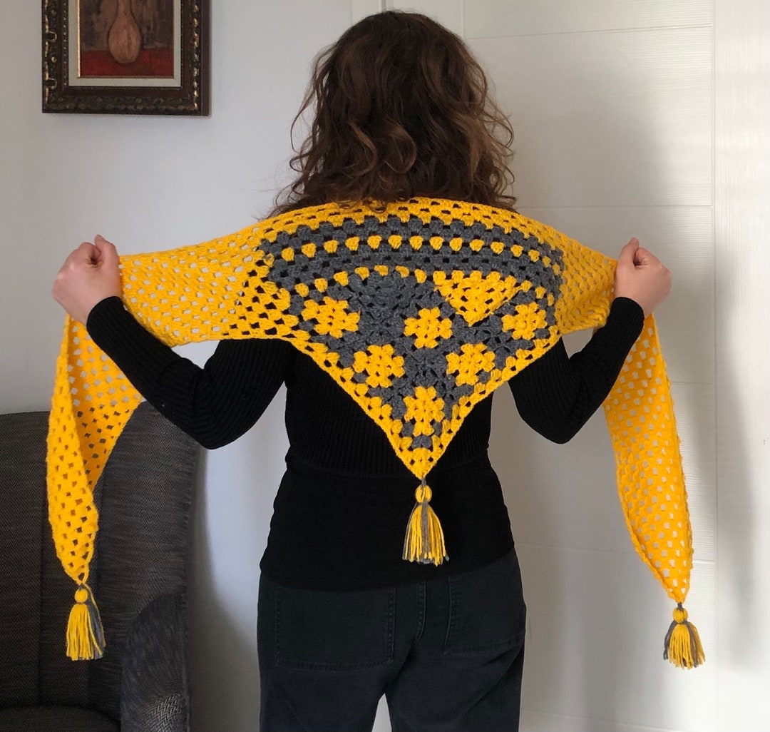 Crochet Yellow Triangle Scarf, Crochet Shawl With Tassel, Crochet Neck ...