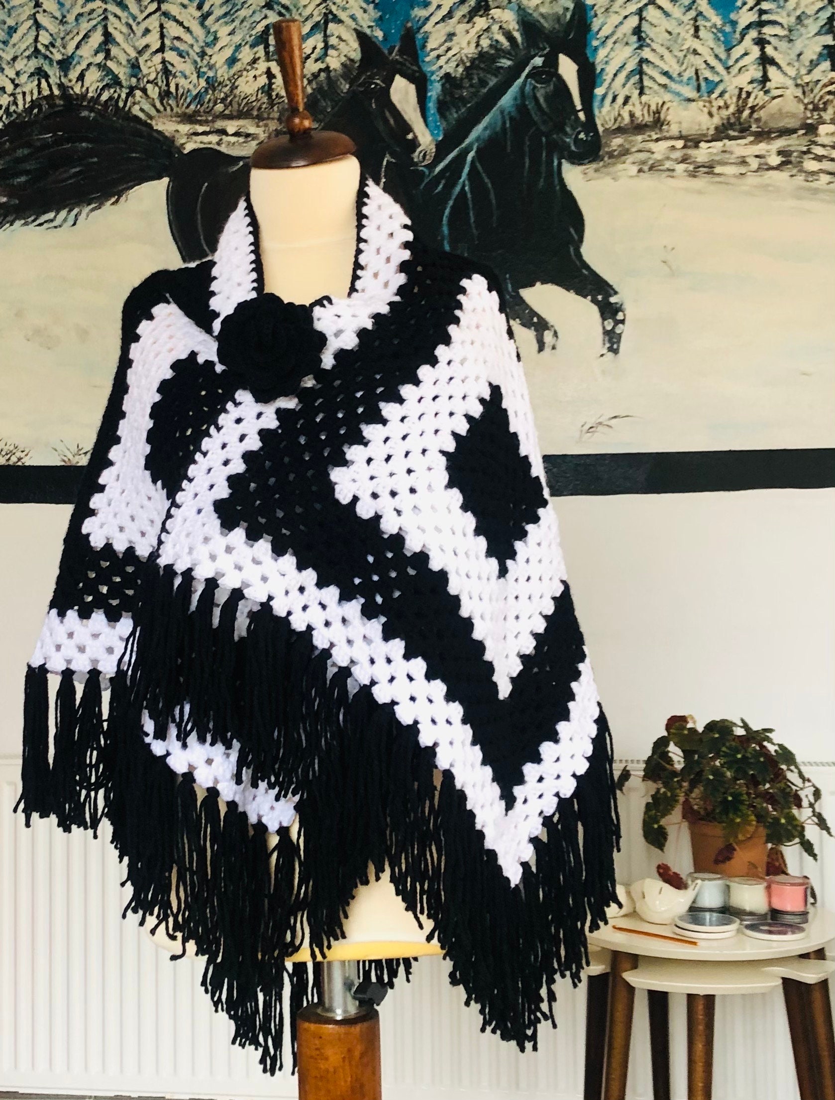 Crochet Cloak Ruana, Granny Square Triangle Shawl, Blanket Cape, Black ...