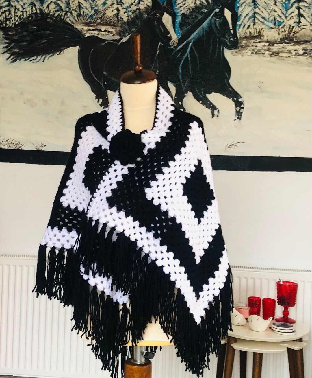Crochet Cloak Ruana, Granny Square Triangle Shawl, Blanket Cape, Black ...