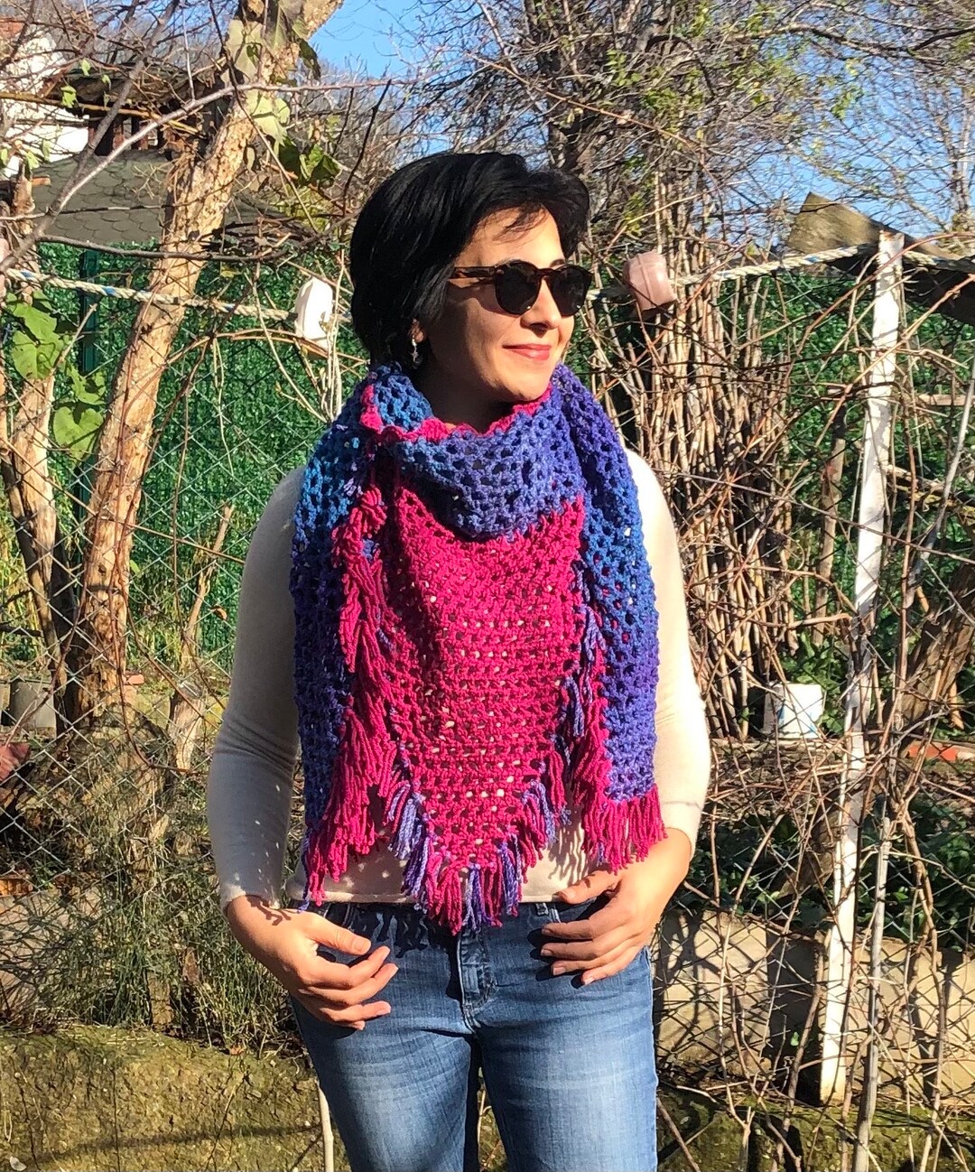 Women Crochet Blue Triangle Hippie Fringe Neck Scarf Pink Shawl or Wrap ...