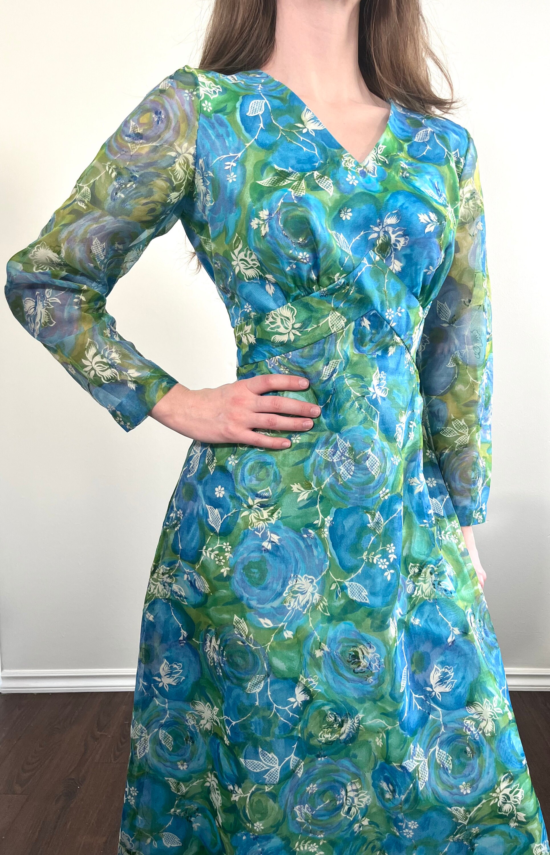Vintage 70s Blue Dress 1970s Green Blue Floral Maxi Dress - Etsy