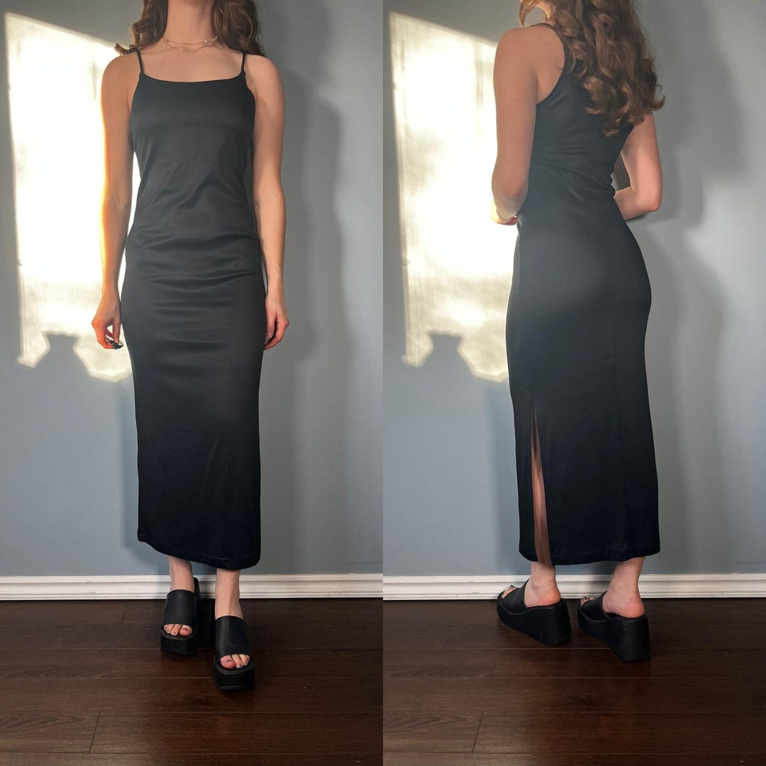 Vintage 90s Slip Dress, 1990s Solid Black Maxi Summer Dress - Etsy