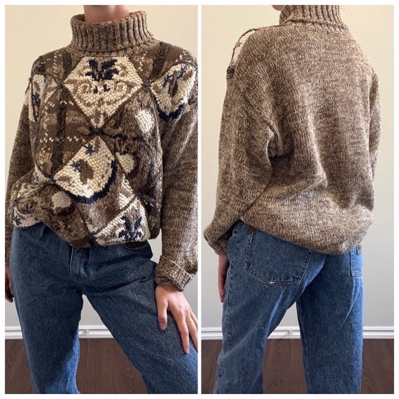 Vintage 90s Turtleneck, 1990s Brown Chunky Knit Sweat… - Gem