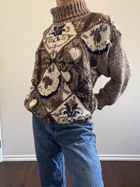 Vintage 90s Turtleneck, 1990s Brown Chunky Knit Sweat… - Gem