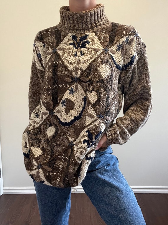 Vintage 90s Turtleneck, 1990s Brown Chunky Knit Sweat… - Gem