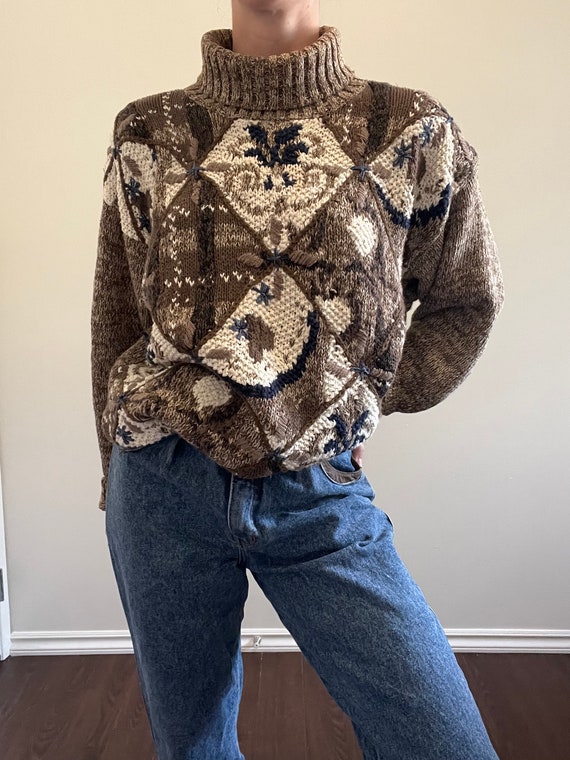 Vintage 90s Turtleneck, 1990s Brown Chunky Knit Sweat… - Gem