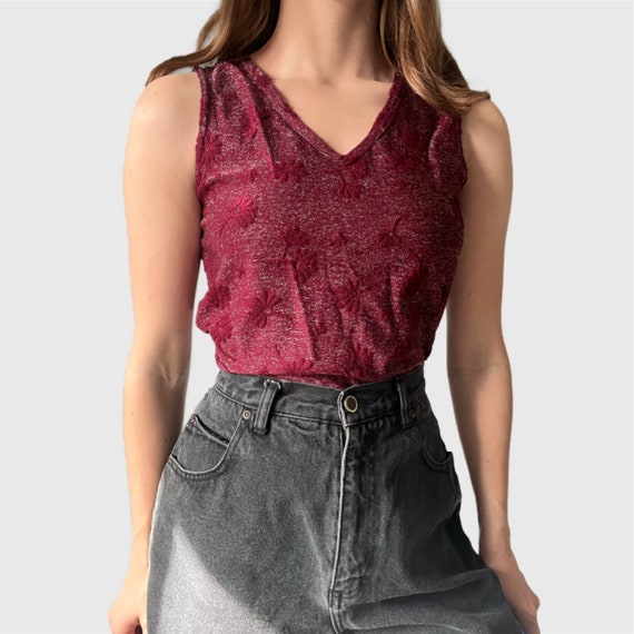 Vintage 90s Red Tank, 1990s Sparkly Floral Top - Gem