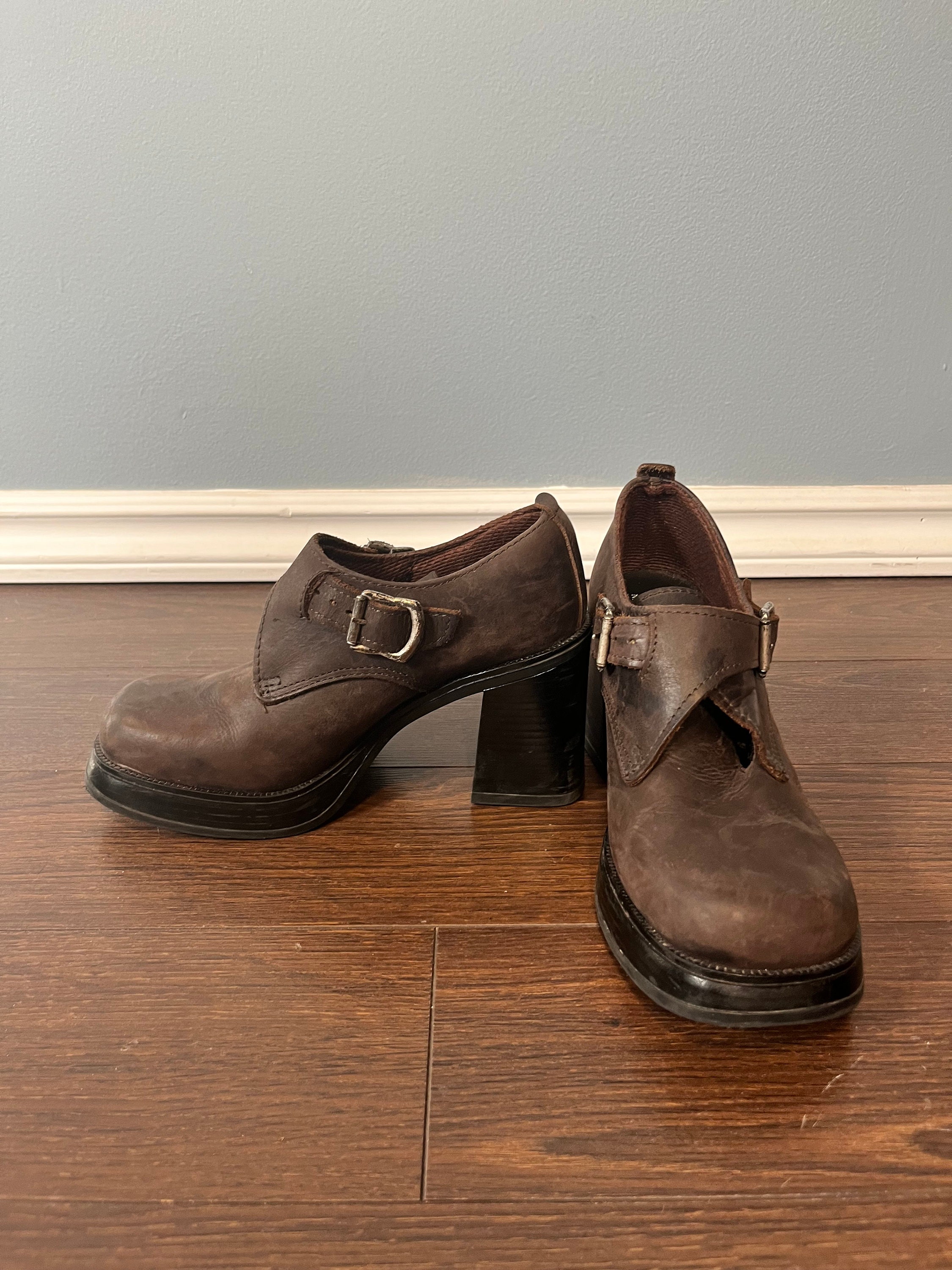 Vintage 90s Chunky Heels 1990s Brown Leather Buckle Shoes - Etsy