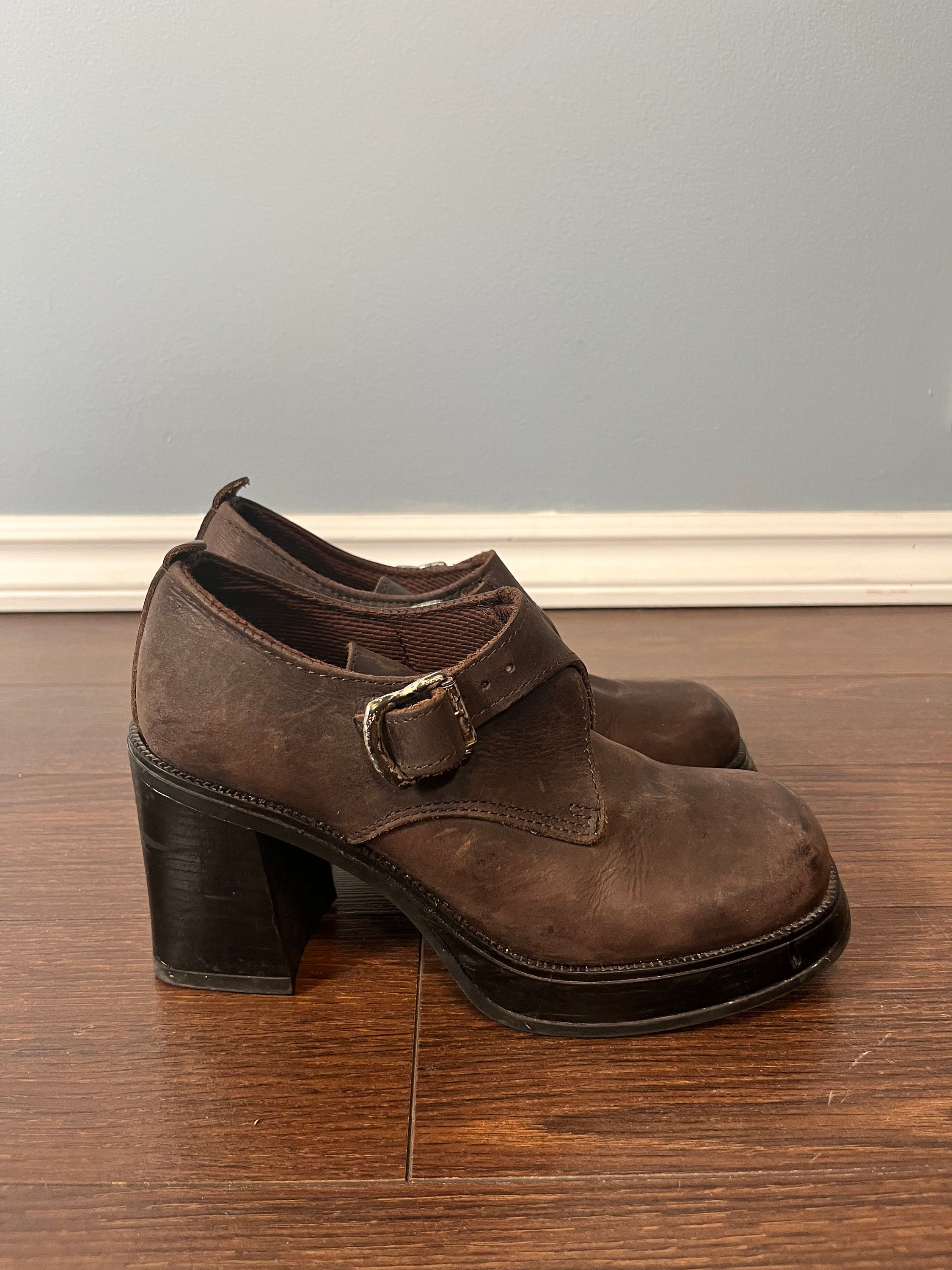 Vintage 90s Chunky Heels 1990s Brown Leather Buckle Shoes - Etsy