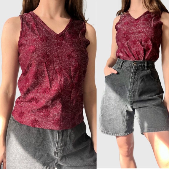 Vintage 90s Red Tank, 1990s Sparkly Floral Top - Gem