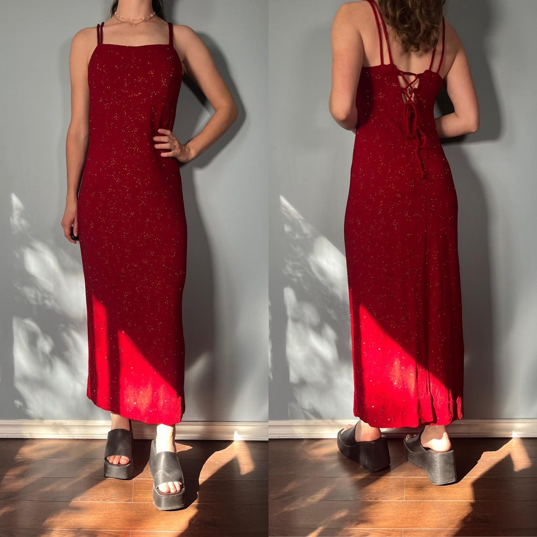 Vintage 90s Prom Dress, 1990s Red Sparkly Slip Corset Glam Formal Dress ...