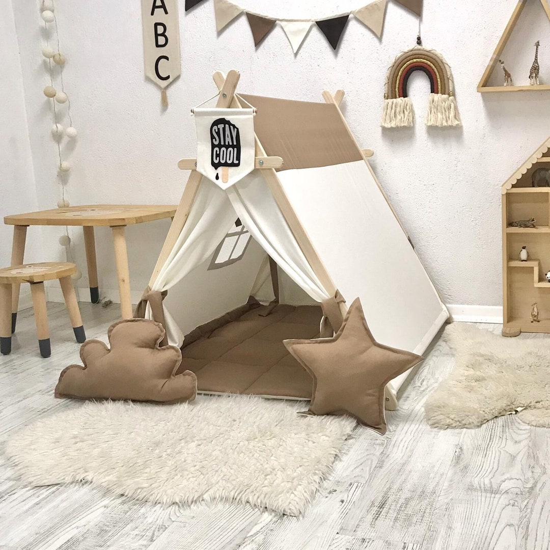 White and Brown Wooden Tent, Playhouse for Kids, House Toddler Teepee ...