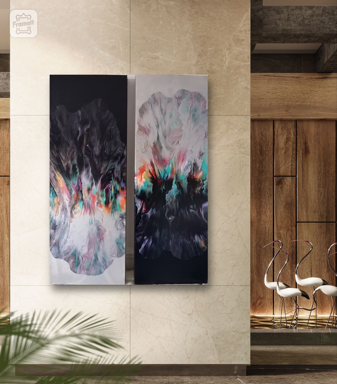 Diptych- Original Abstract Acrylic Paint Pour on Two 30x80cm Deep Edge ...