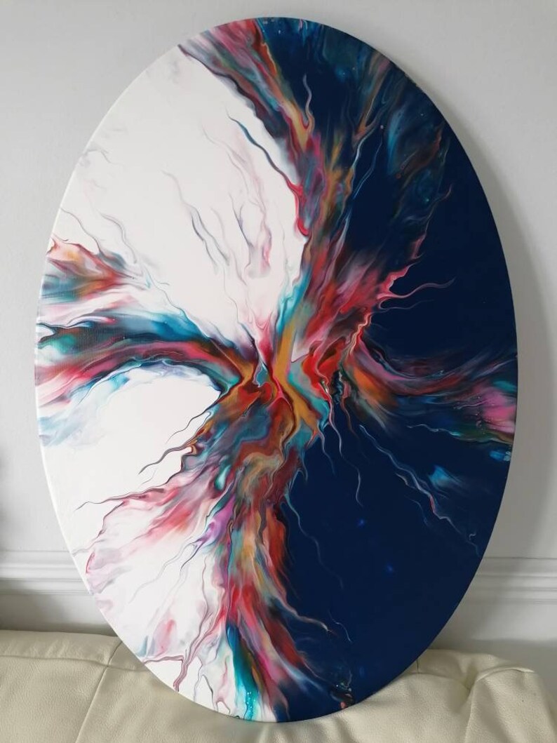 Oval - Original Acrylic Pour Painting, Fluid Abstract Art on an Oval ...