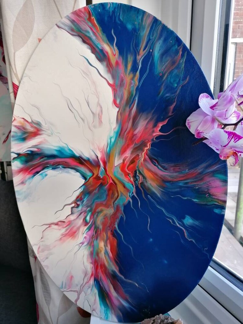 Oval - Original Acrylic Pour Painting, Fluid Abstract Art on an Oval ...