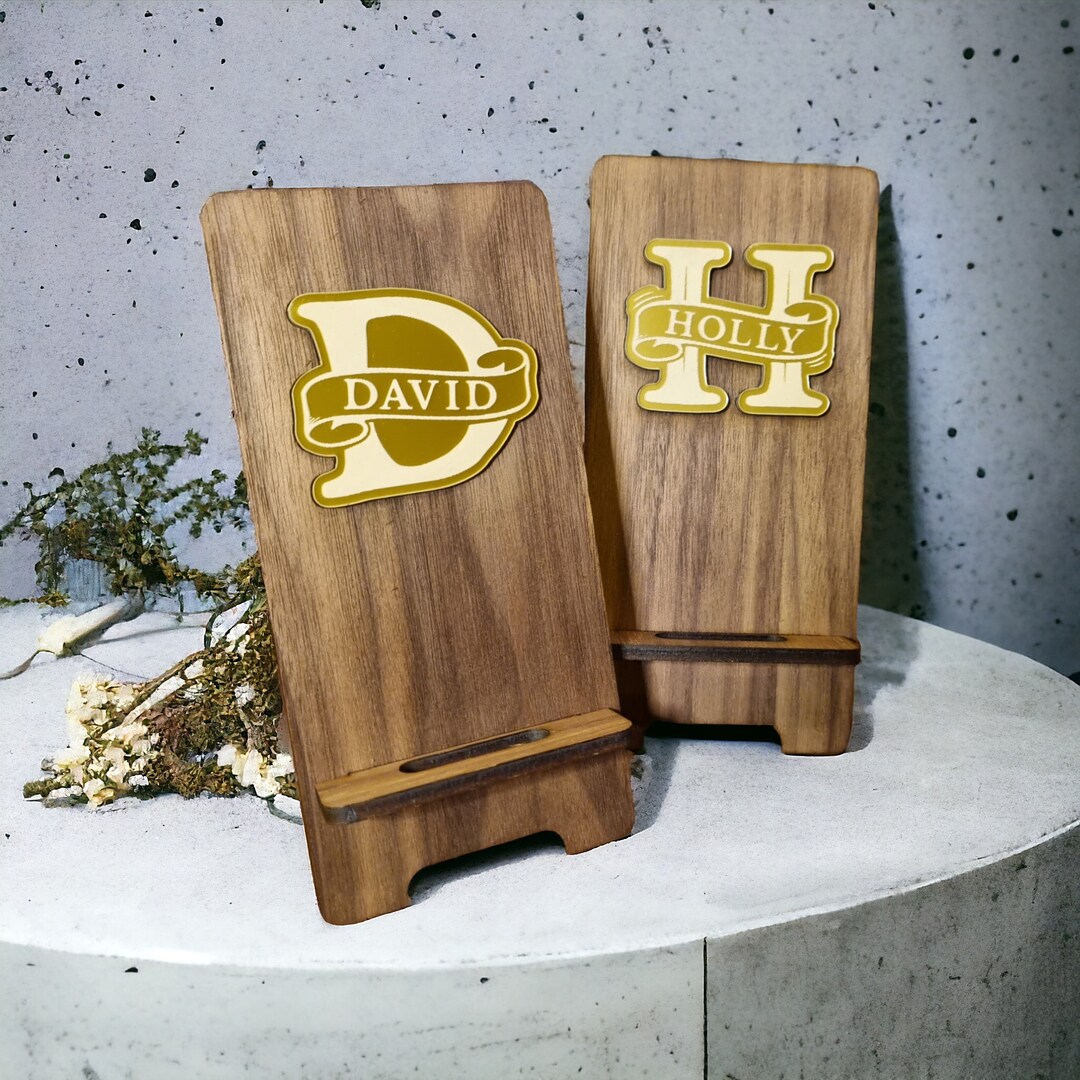Personalised Walnut Phone Stand With Satin Gold Acrylic Inlay - Custom ...