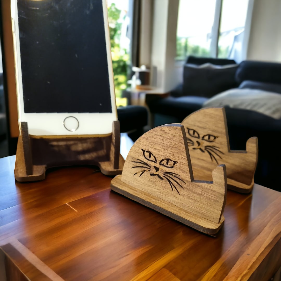 Wooden Cat Phone Stand Desk Organiser Bedside Phone Holder Cat Lover ...