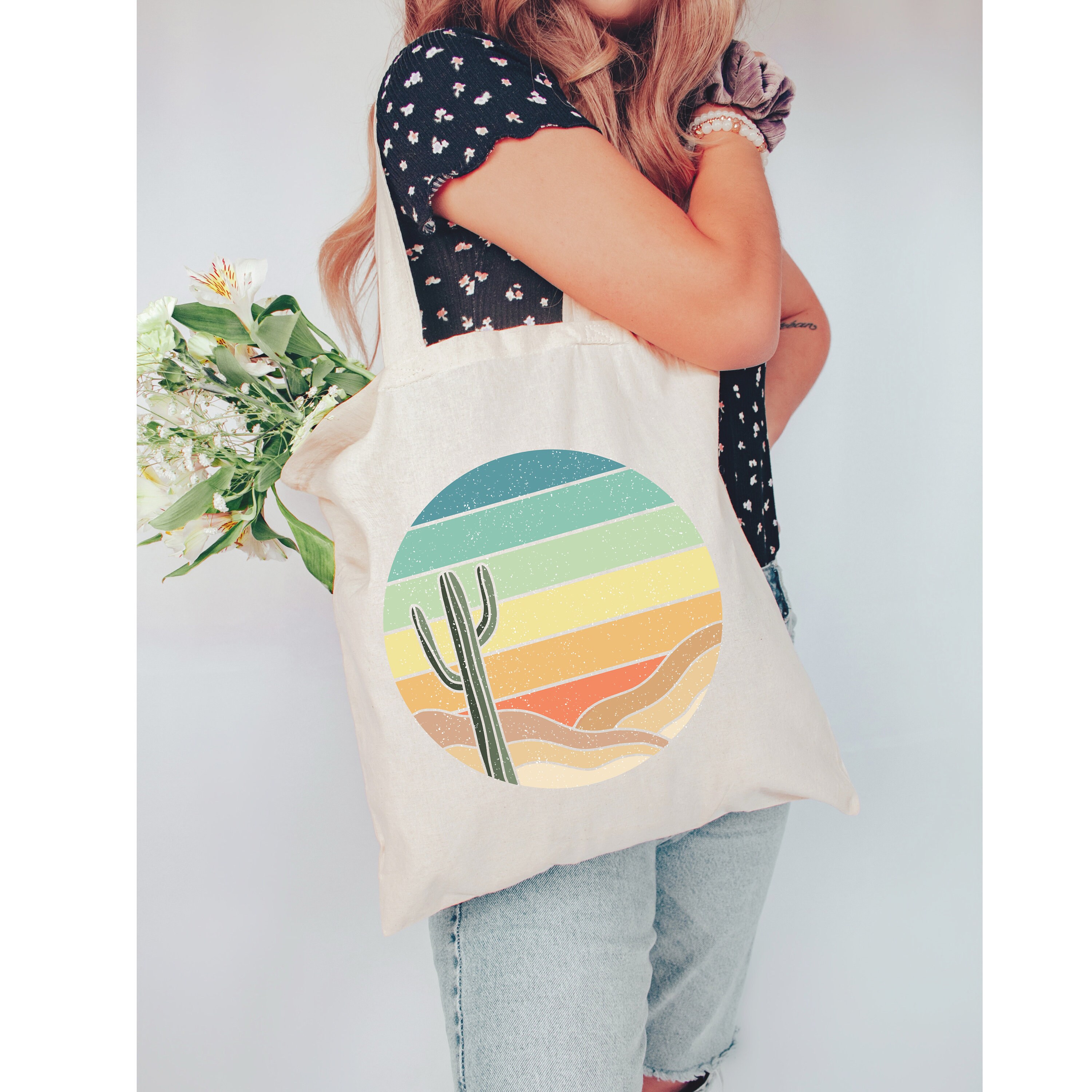 Retro Desert Tote Bag | Sunset Graphic Canvas Tote Bag, Produce Bags ...