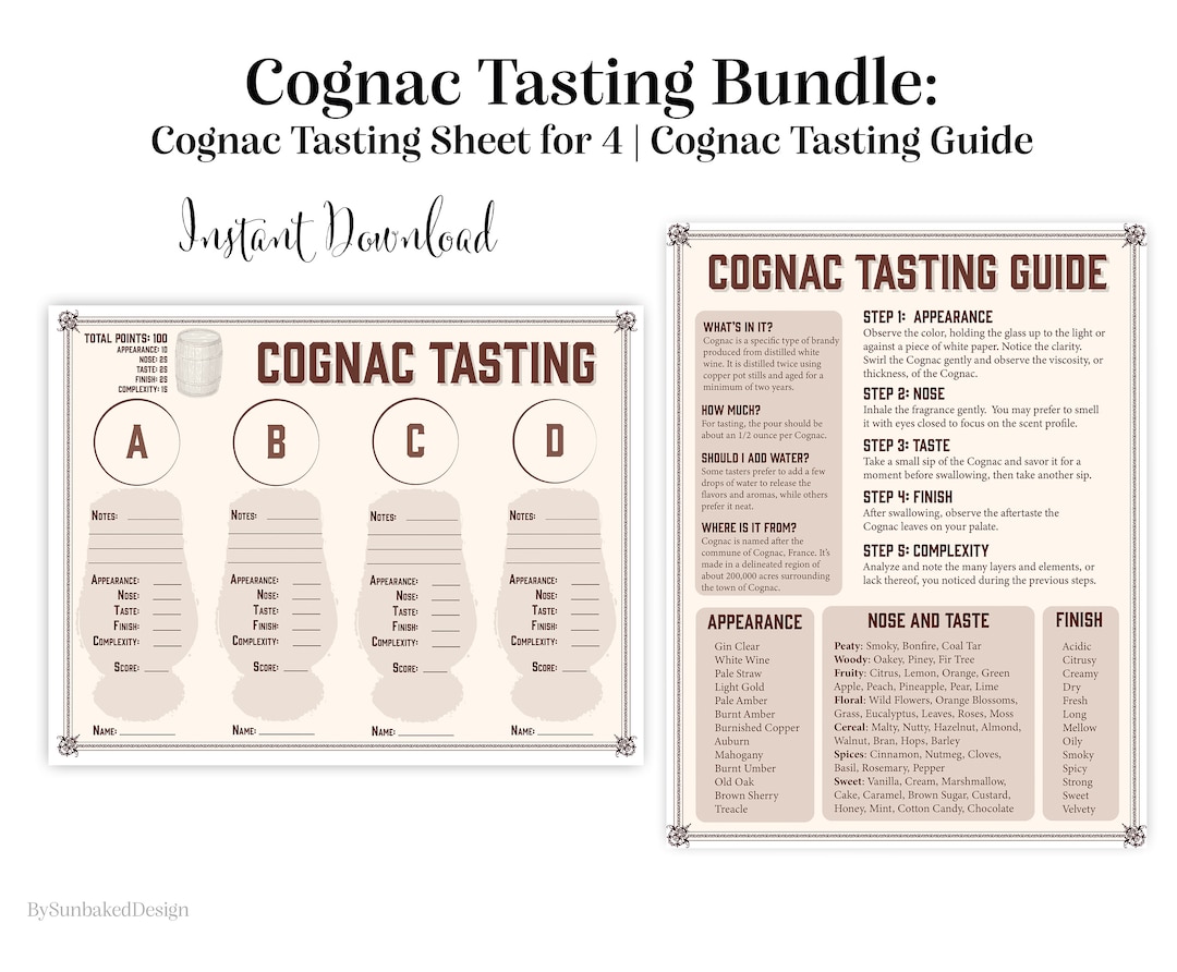 Cognac Tasting Bundle - Cognac Tasting Sheet for 4 and Tasting Guide ...