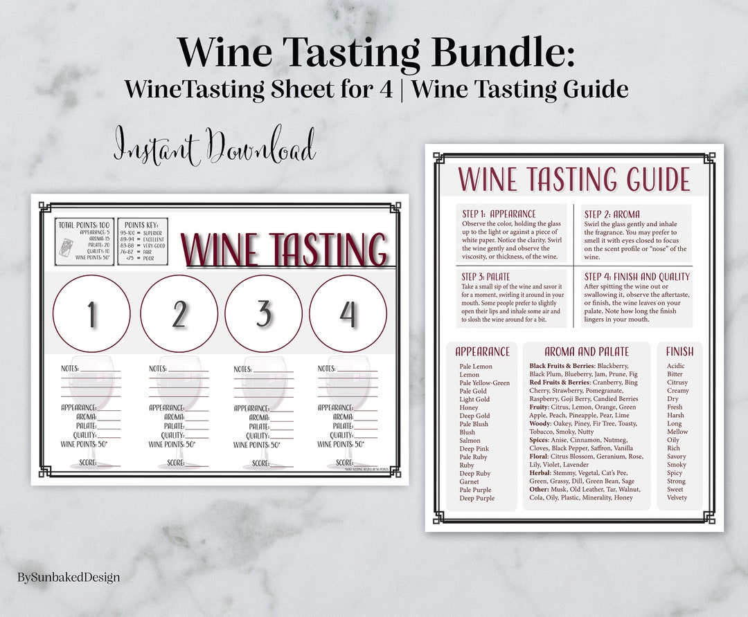 Wine Tasting Bundle - Professional Tasting Wine Sheet for 4 and Wine ...