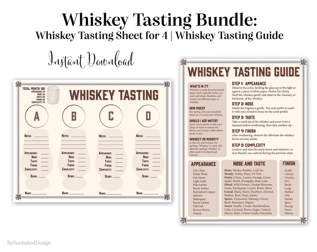 Whiskey Tasting Bundle - Whiskey Sheet for 4 and Whiskey Tasting Guide ...
