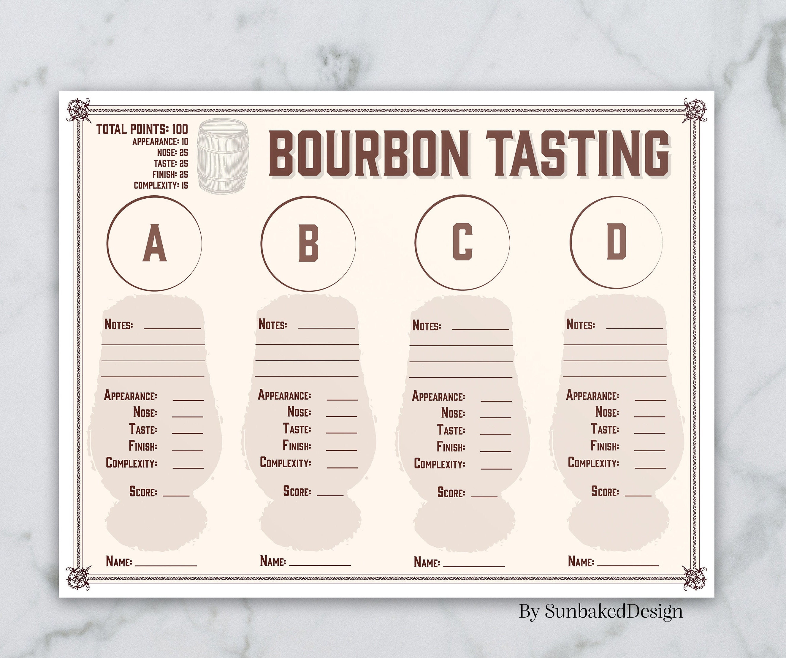 Bourbon Tasting Sheet for 4 Bourbon Tasting Mat Bourbon | Etsy