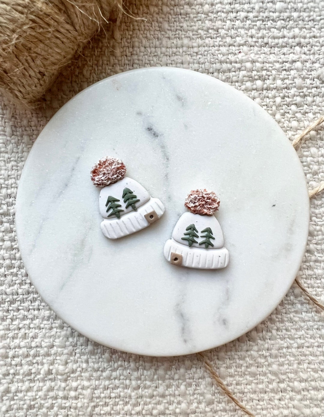 White Beanie Stud Polymer Clay Beanie Earrings Winter Studs Polymer Clay Christmas Earrings ...