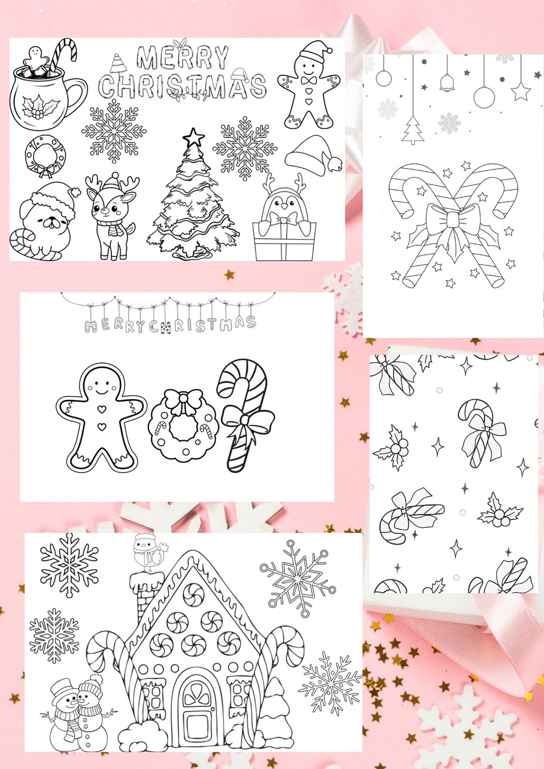 5 Christmas Themed Coloring Pages Instant Pdf Download - Etsy