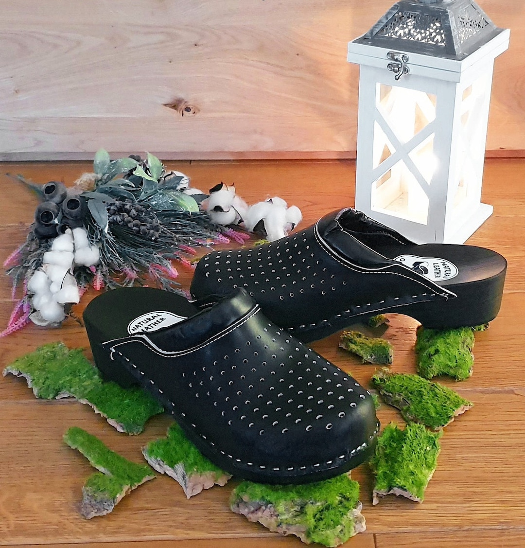 Men Black Leather Clogs Wood Medical Clogs Very Comfortable Mens Shoes ...