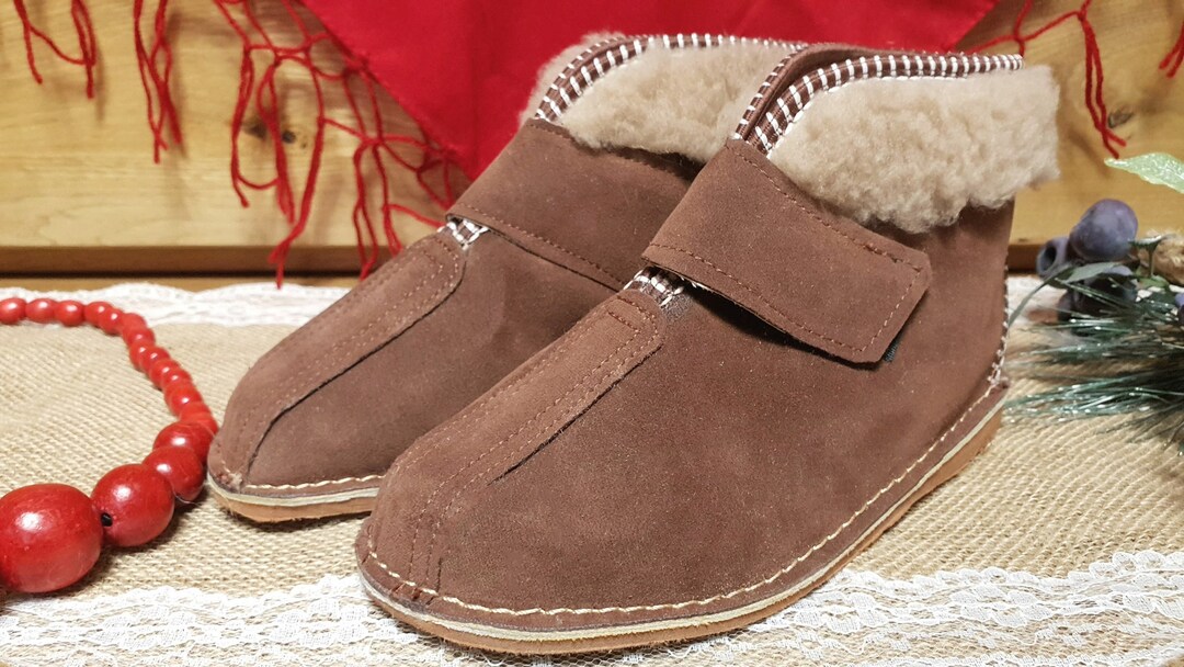 Home High Slipers 100% Natural Leather Fluffy Fur Unisex Moccasins Size ...