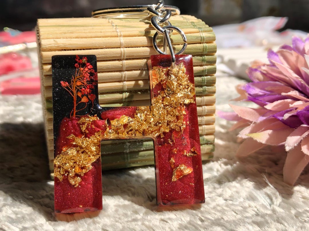 Red and Black Resin Keychain With Flower and Gold Accent Monogrammed ...