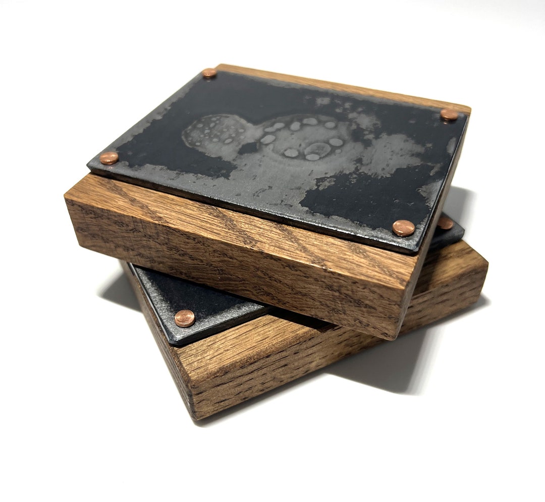 Handcrafted Forged Steel Coasters With Copper Rivets & Red Oak ...