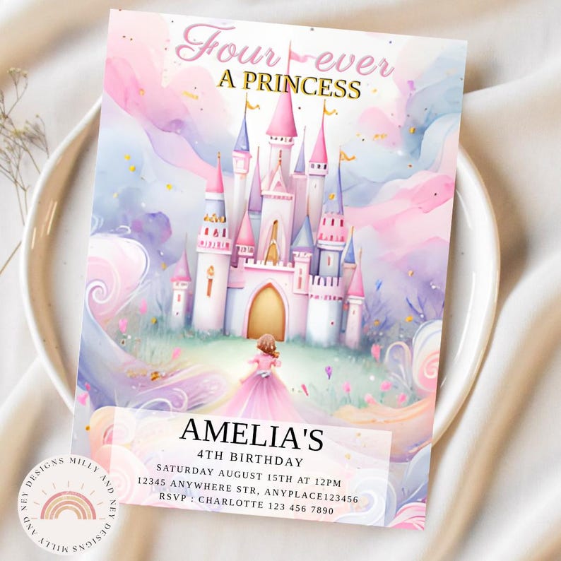 Four Ever A Princess Birthday Invitation, Editable 4th Birthday Invite ...