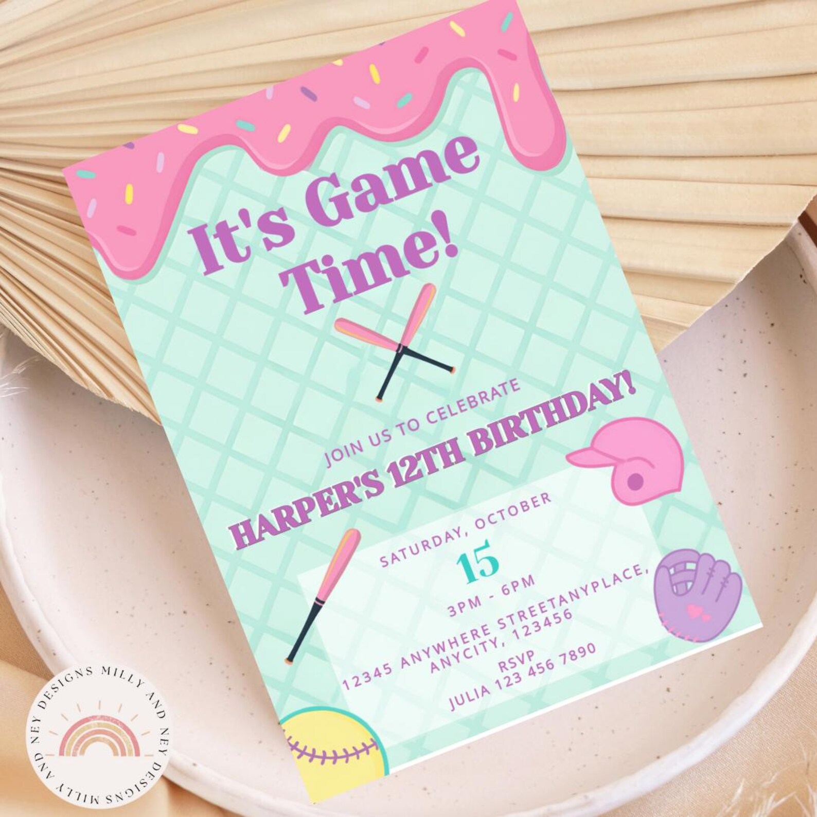 Softball Drip Birthday Invitation, Editable Digital Template, Ice Cream ...