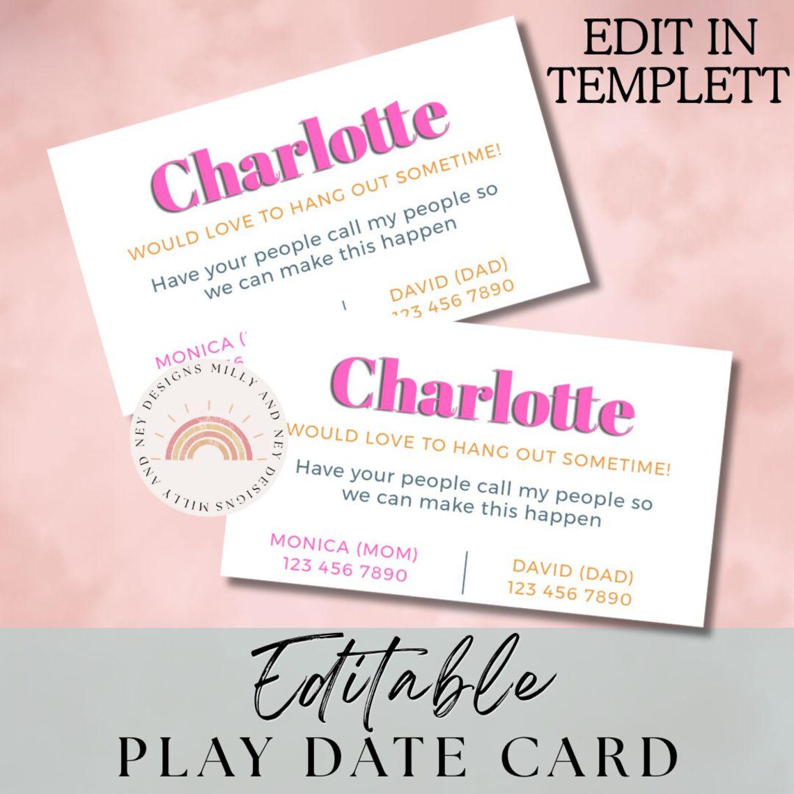 Playdate Cards, Editable Kids Contact Cards, Printable Summer Playdate ...