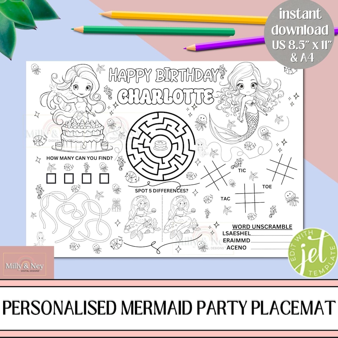 Mermaid Printable Coloring Sheet, Editable Mermaid Coloring Placemat ...