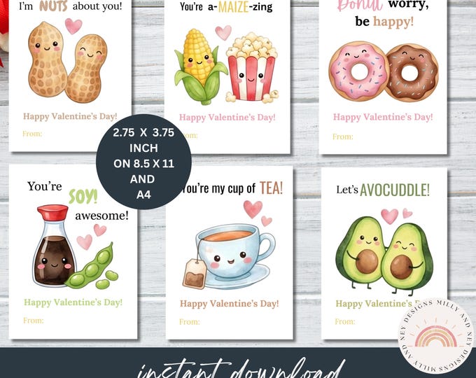 Cute Kawaii Valentines Cards, Cute Food Printable Valentine's Day Cards ...