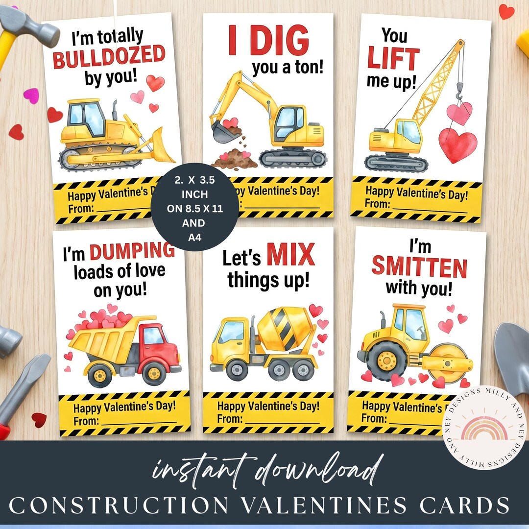 Printable Construction Valentine Cards for Kids, Teacher Classroom ...